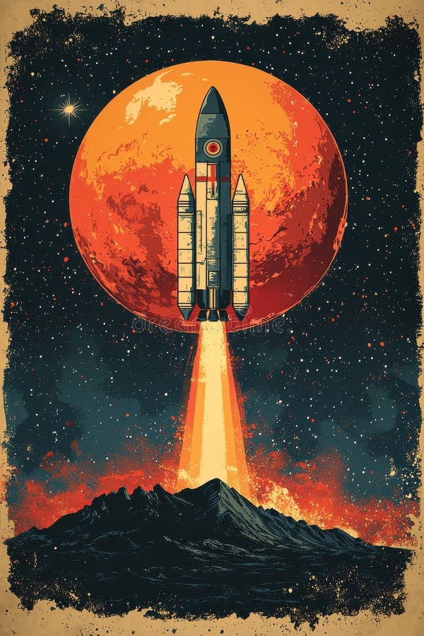 Retro Rocket Ship Launching Toward a Vibrant Celestial Body Stock Photo - Image of artwork ...