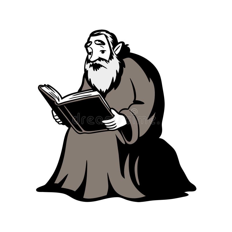 Wise Elderly Man Reading Book in Monk Robe Vector Illustration Stock ...