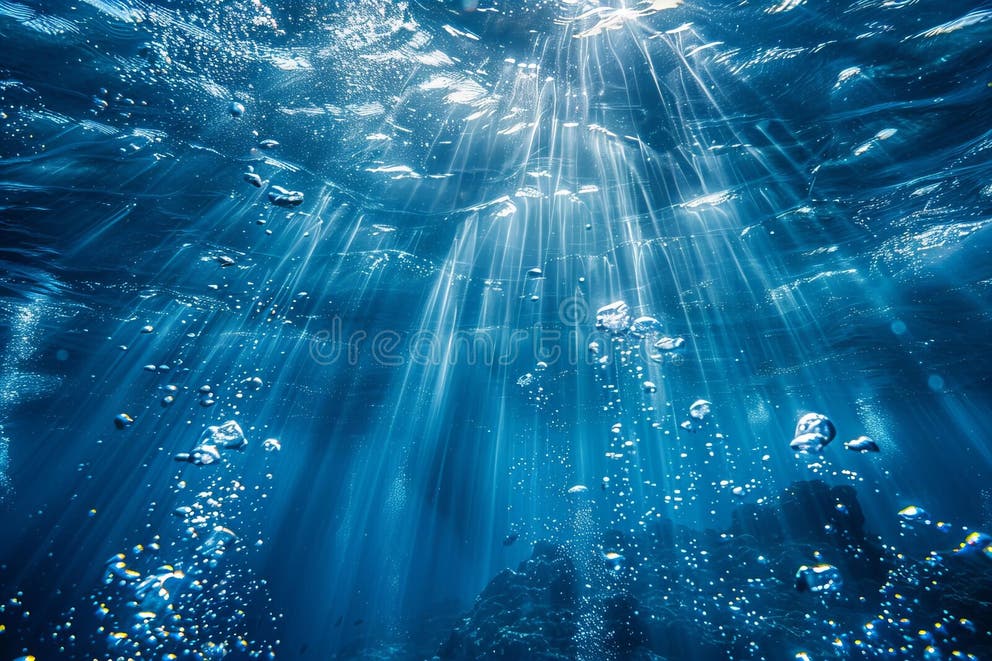Featuring a Abstract Blue Underwater Background with Sun Rays and Bubbles in Deep Ocean Water ...