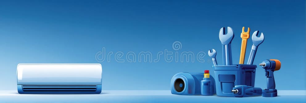 Illustration Featuring an Air Conditioner with Tools on a Blue Gradient ...