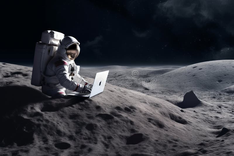 Illustration Featuring an Astronaut Standing on the Moon, Typing on a ...