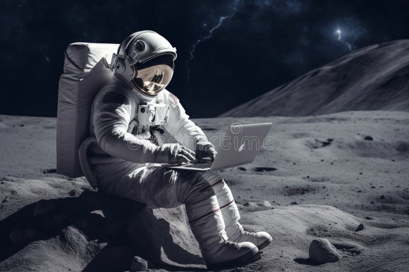 Illustration Featuring an Astronaut Standing on the Moon, Typing on a ...