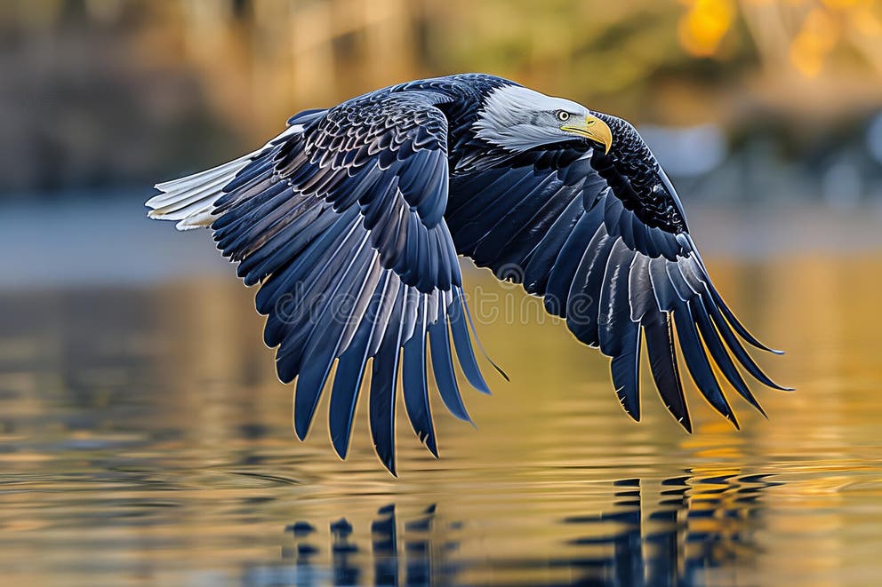 Featuring a Bald Eagle Flies Over Water with Reflection, High Quality ...