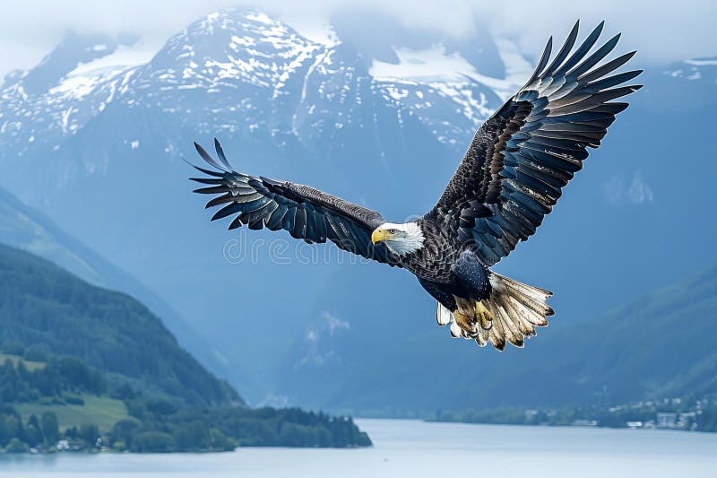 Featuring a Bald Eagle is Flying Over Bodies of Water between Mountains ...