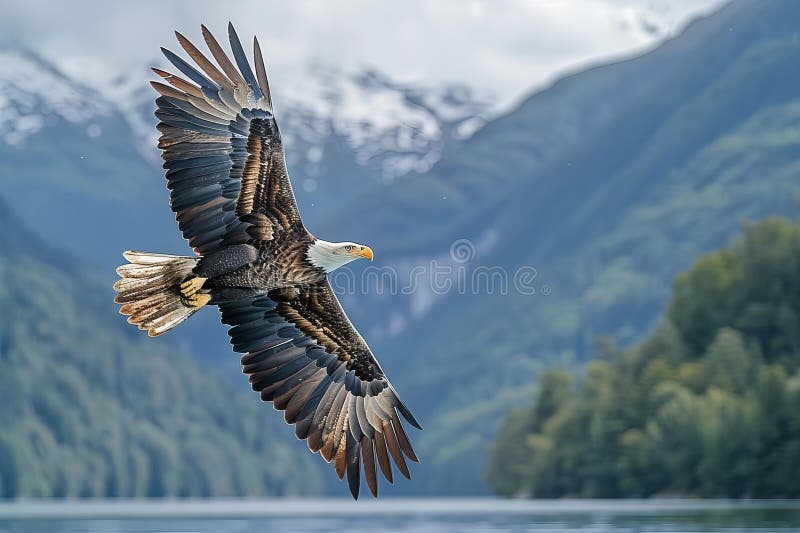 Featuring a Bald Eagle is Flying Over Bodies of Water between Mountains ...