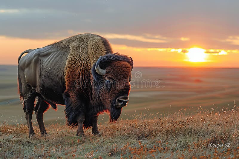 Featuring a Bison Graze in the Sunset Photo, High Quality, High ...