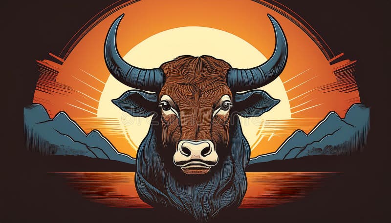 An Illustration Featuring a Bull Against the Backdrop of a Sunset Stock ...