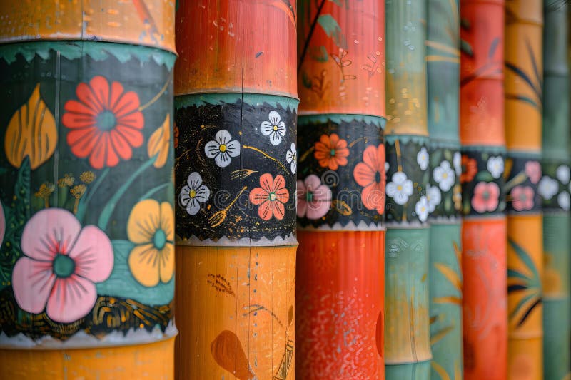 Featuring a Closeup of Aboriginal Art Painted on Long Bamboo Poles ...