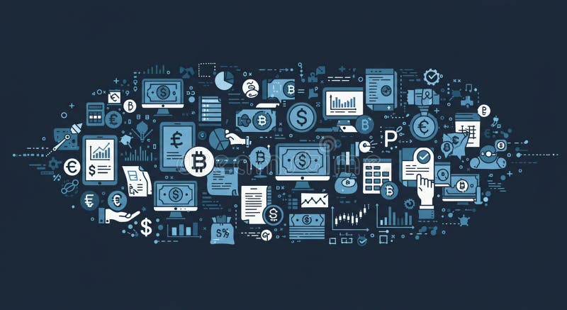 Illustration Featuring a Collage of Finance-related Icons in Shades of ...