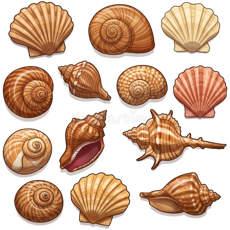 An Illustration Featuring a Collection of Diverse Seashells, Each with ...