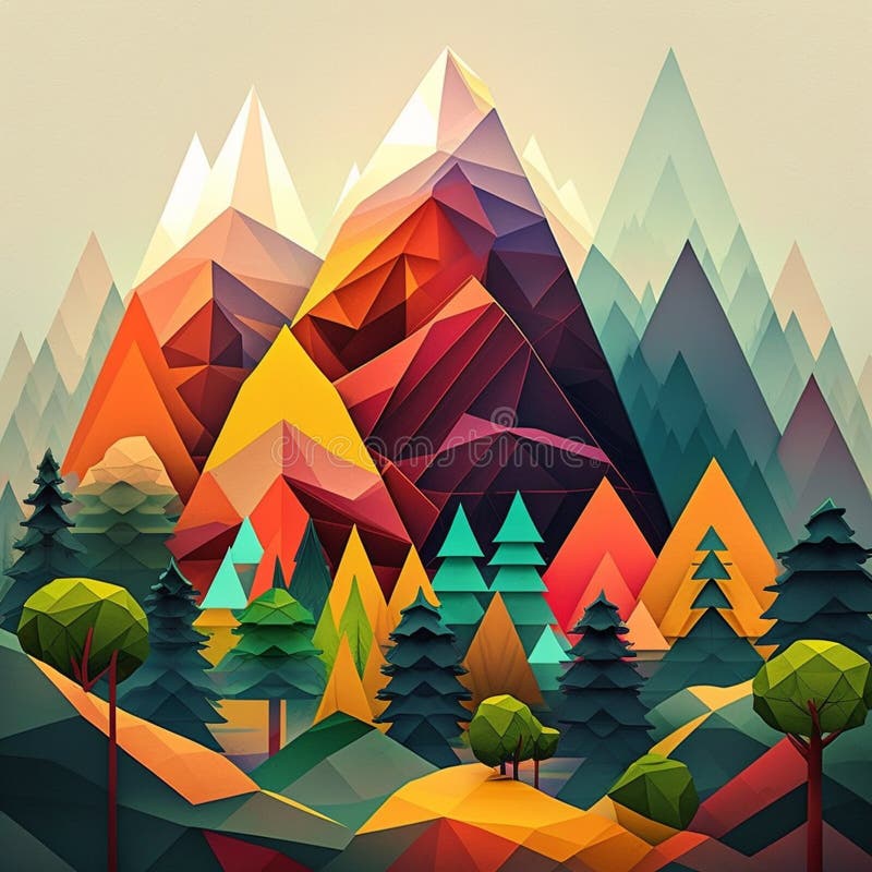 An Illustration Featuring Colorful Geometric Mountains and Forest ...