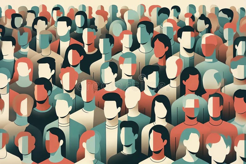 Illustration Featuring Crowd of People with Stylized Features, Muted ...