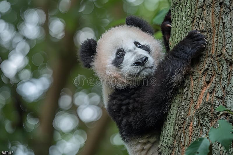 Featuring a Cute Panda is Climbing Up the Tree, with Its Head and Body ...
