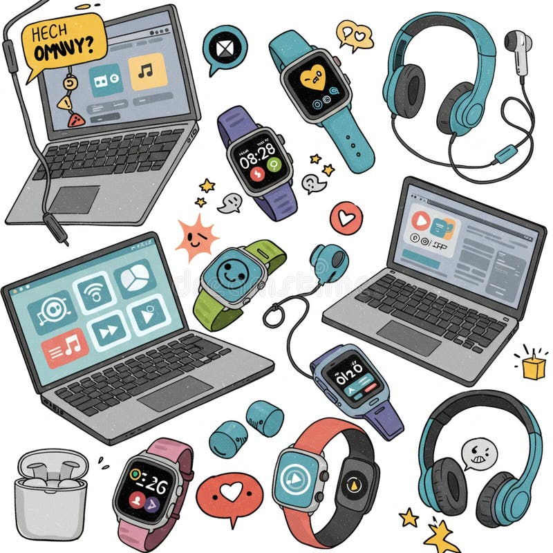 Illustration Featuring Digital Gadgets Including Two Laptops Displaying ...