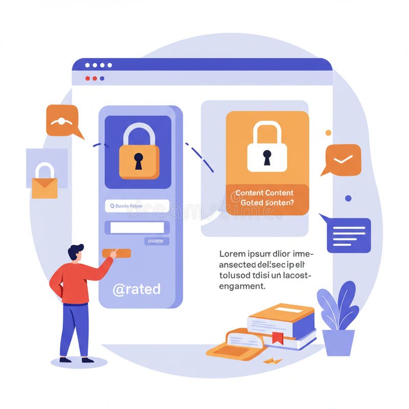 Illustration Featuring a Digital Interface with Secure Content. a Male ...