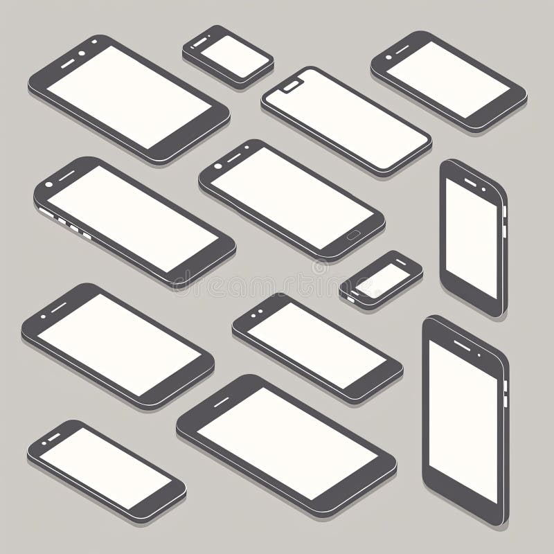 Isometric Collection of Mobile Smartphones with Blank Screens for ...