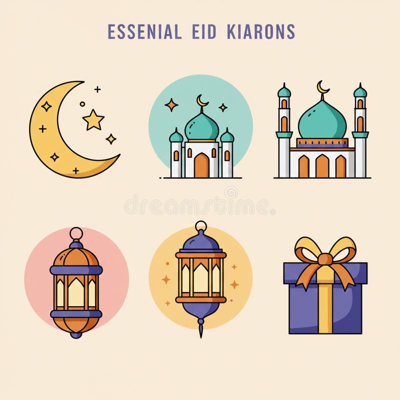 Illustration Featuring Essential Eid Icons: a Crescent Moon with Stars ...