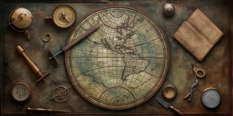 Illustration Featuring a Flat Earth Map Encircled by Antique Navigation Tools, Compass, and Old ...