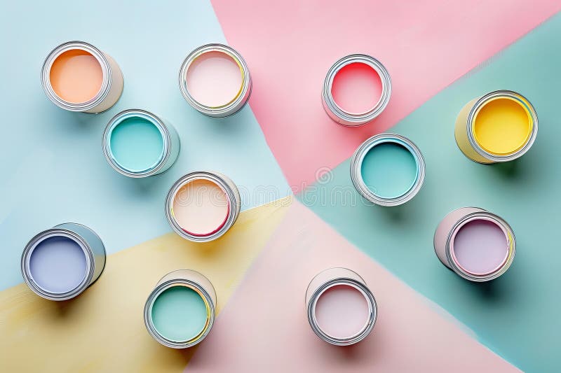 Featuring a Flat Lay of Paint Cans in Pastel Colors on an Abstract ...