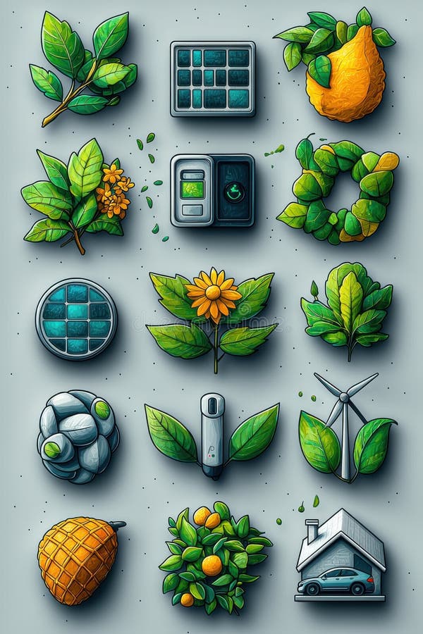 Collection of Renewable Energy Icons with Greenery Highlighting ...