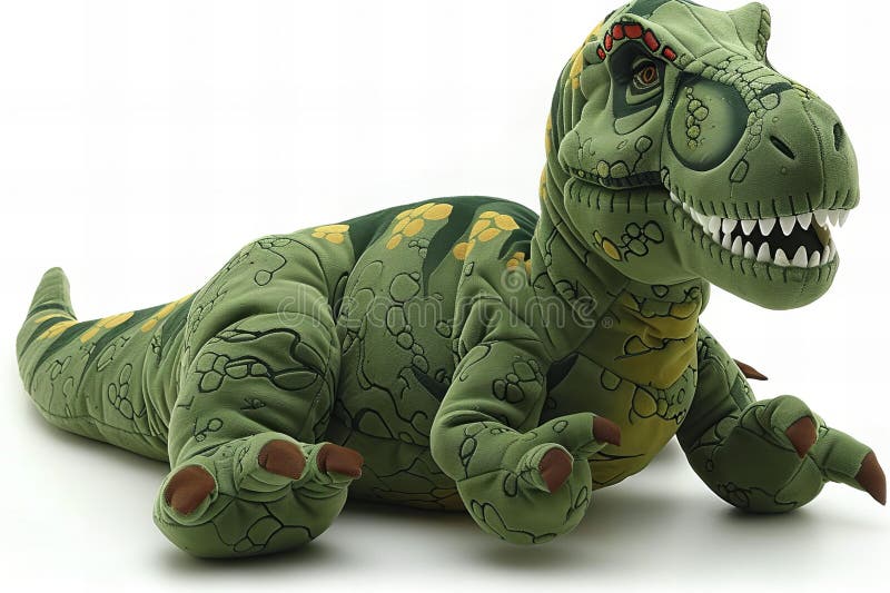 Featuring a Green T Rex Stuffed Animal that is Lying Upright on a White ...