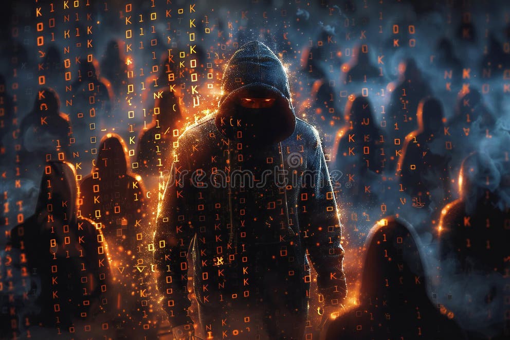 Featuring a Hacker in a Hood is Surrounded by Binary Code and a Digital Background, Symbolizing ...
