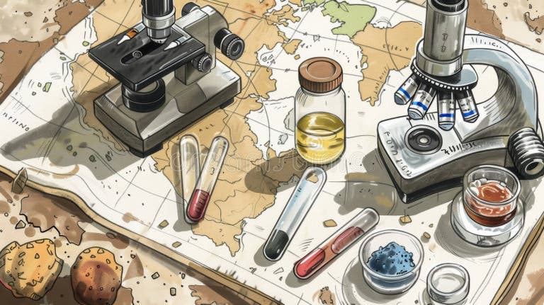 An Illustration Featuring a Handdrawn Map and a Variety of Scientific ...