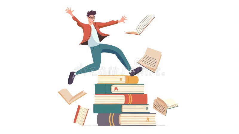 An Illustration Featuring a Happy Man Jumping Over a Stack of Books ...