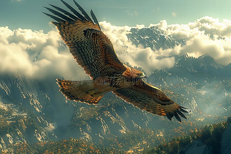 Featuring a Hawk Flying Over a Mountain Landscape with Clouds in the ...