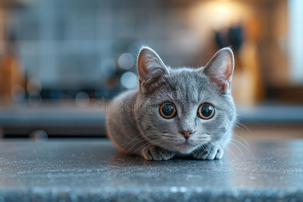 Featuring a Image of a Grey Cat Crouching on a Counter, High Quality ...