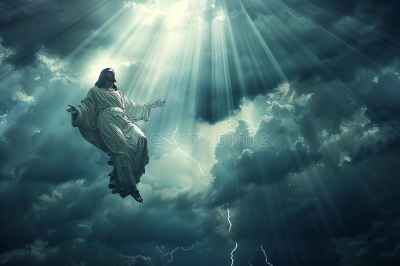 Featuring a Jesus Christ Floating in the Sky, Rays of Light Shining ...