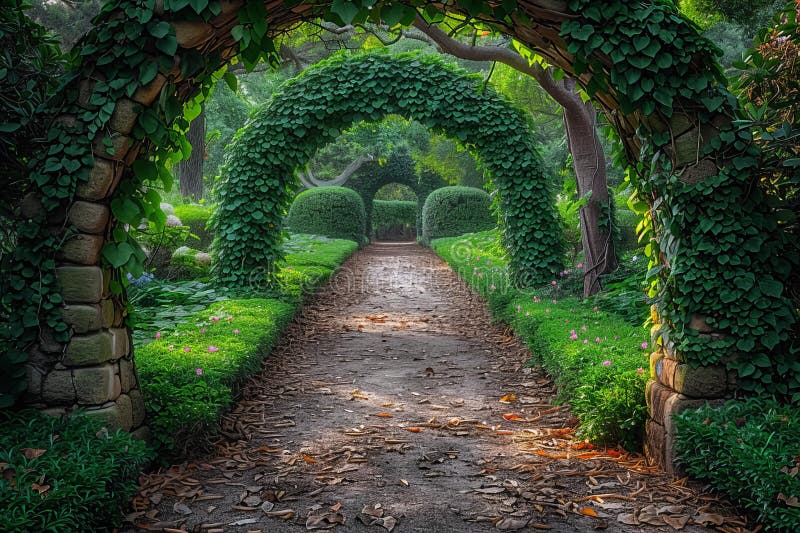 Featuring a Landscaped Path through Arch with Ivy and Small Tree Stock ...
