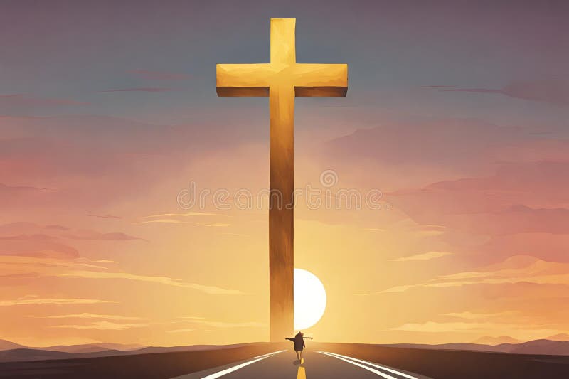 An Illustration Featuring a Large Golden Cross on a Long Road at Sunset ...