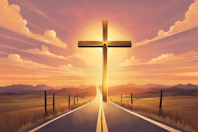 An Illustration Featuring a Large Golden Cross on a Long Road at Sunset ...