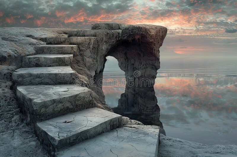 Featuring a Large Rock with Steps Leading into Water at Sunset Stock ...