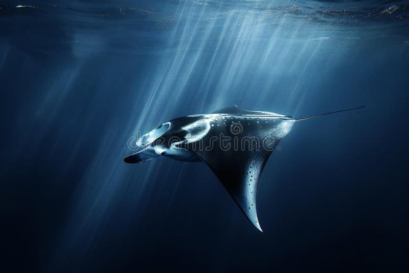 Featuring a Manta Ray Gliding through the Deep Blue Ocean, Sunlight ...