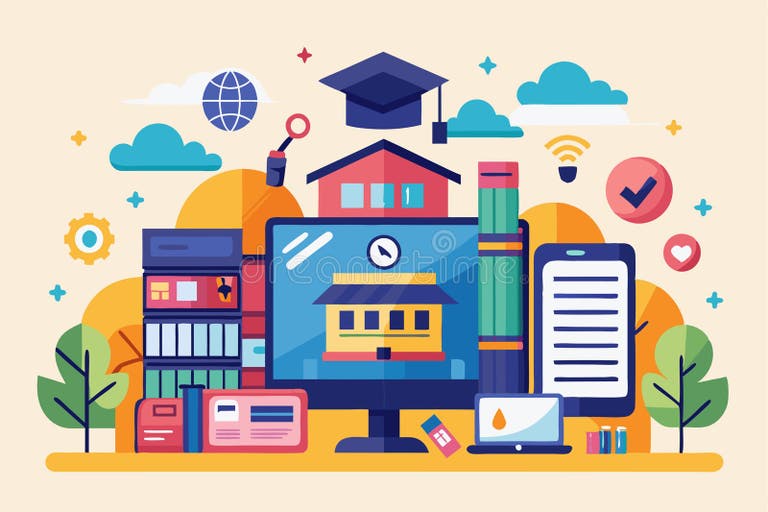 An Illustration Featuring a Multimedia School Environment with Digital ...