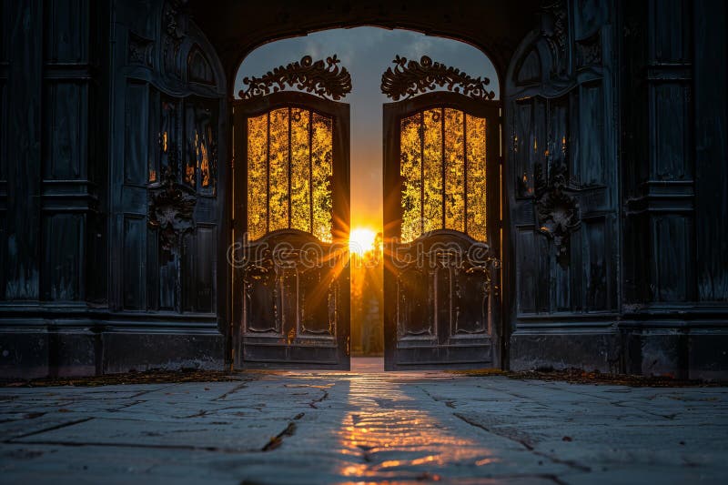 Featuring a Open Church Gate with Two Doors, the Light is Shining ...