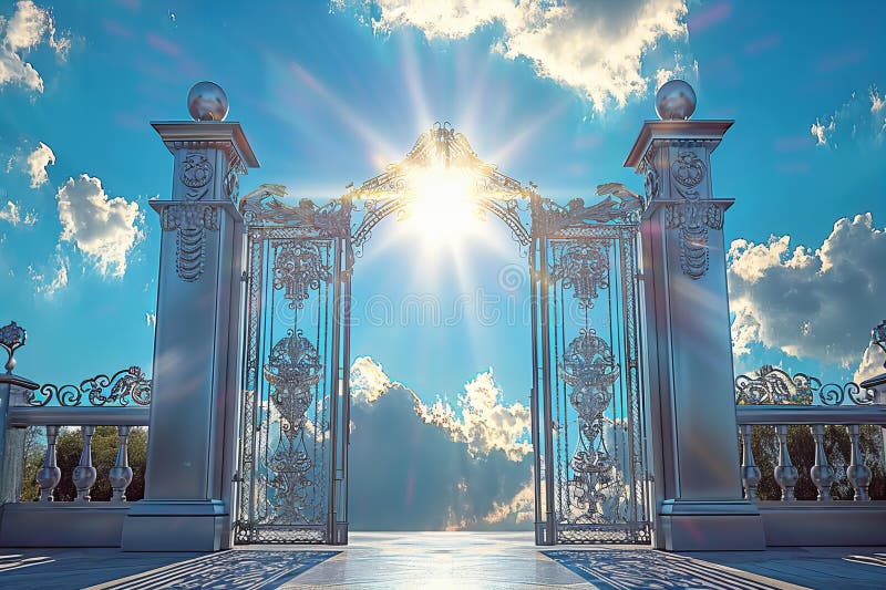 Featuring a the Pearly Gates of Heaven, Silver Gate Open with Blue Sky ...