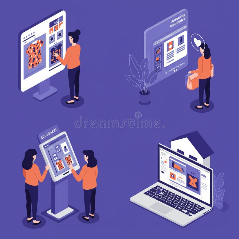 Illustration Featuring People Interacting with Digital Displays and ...