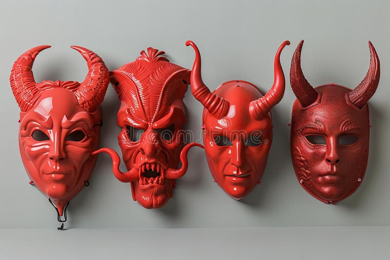 Featuring a Red Plastic Devil Masks, Different Styles and Shapes, White ...