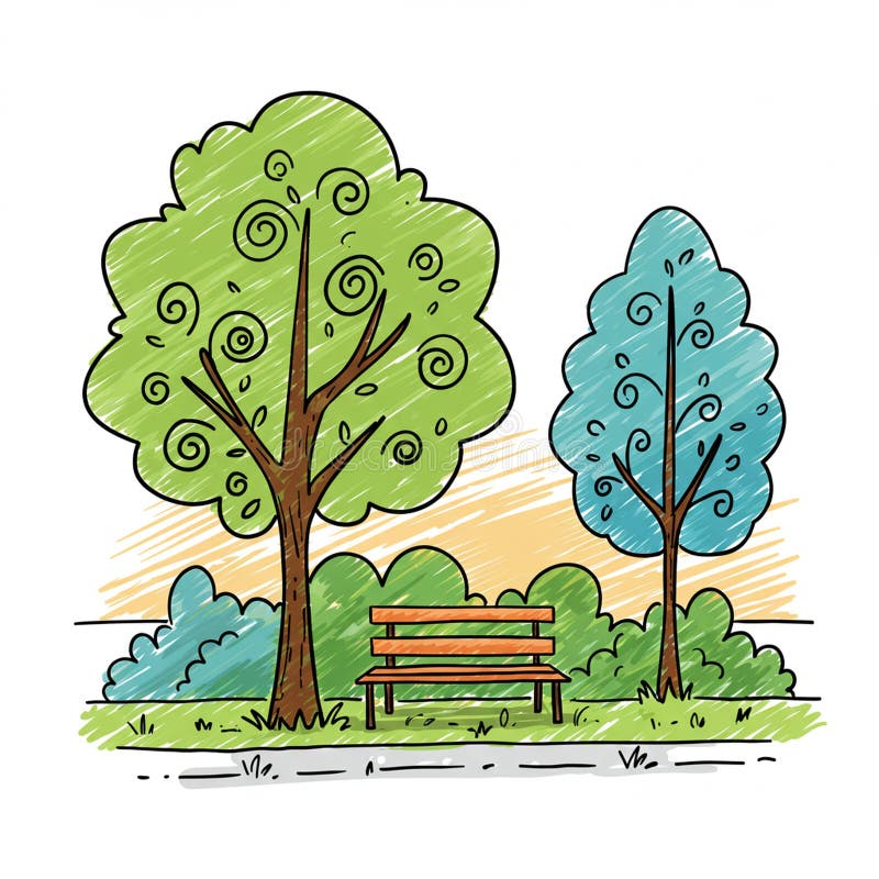 Illustration Featuring a Stylized Park Scene with Two Trees. the Left ...