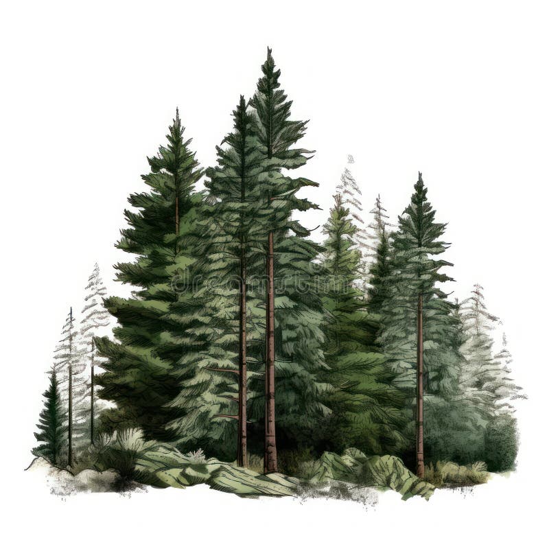 Illustration Featuring Tall Pine Trees Against a White Background Stock ...