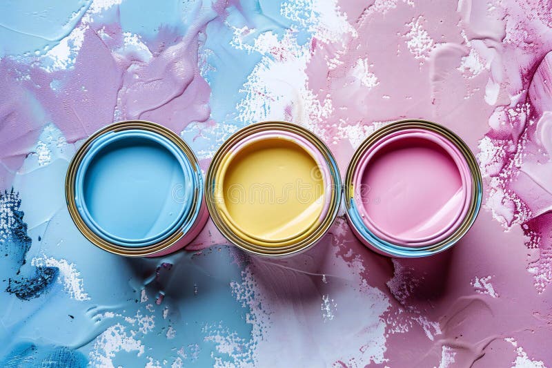 Featuring a Three Paint Cans with Pastel Colors on the Table, Flat Lay ...
