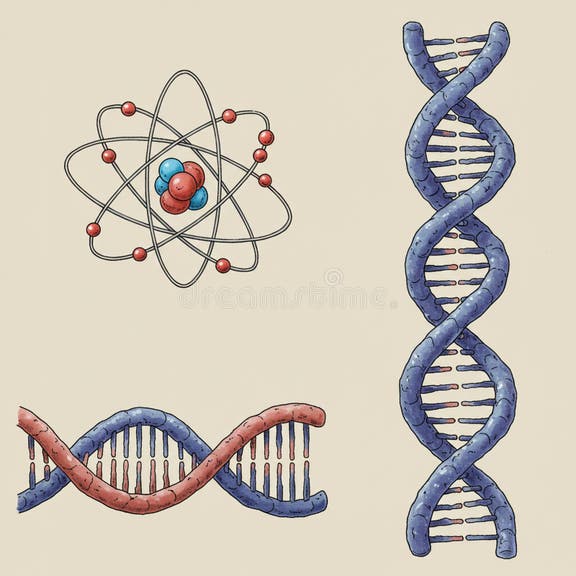 Illustration Featuring Three Scientific Models: an Atom with a Central ...