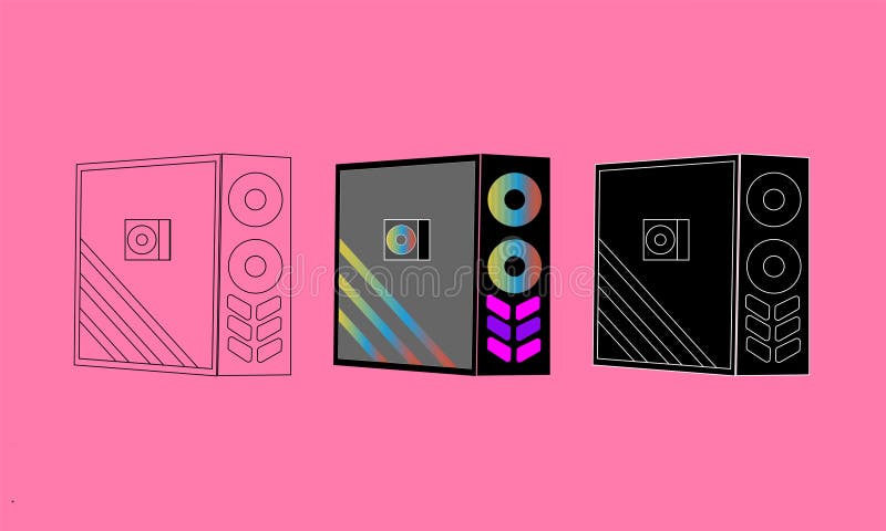 Set of Three Colorful Computer Tower Designs on a Vibrant Pink ...