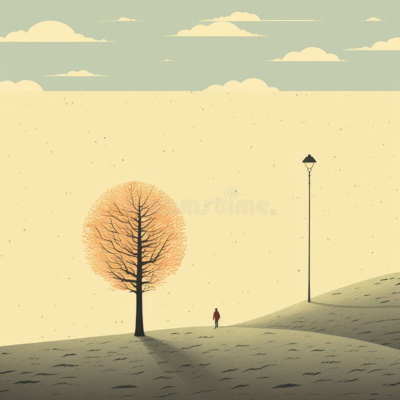 Desolate Landscapes: a Muted and Minimalist Illustration of a Tree and ...