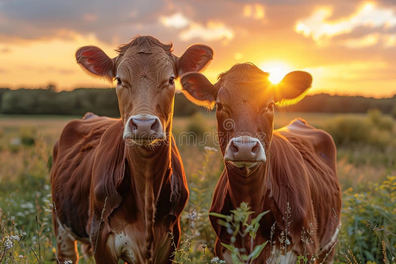 Featuring a Two Cows in the Field Together at Sunset on a Beautiful Day ...