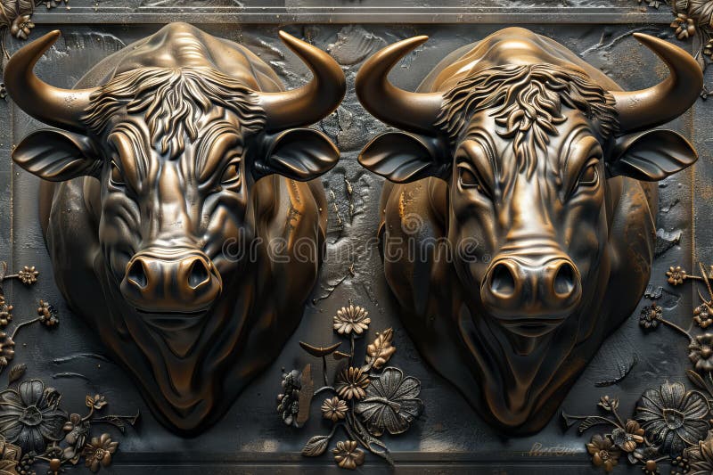 Featuring a Two Sculptures of Bull on the Wall, High Quality, High ...