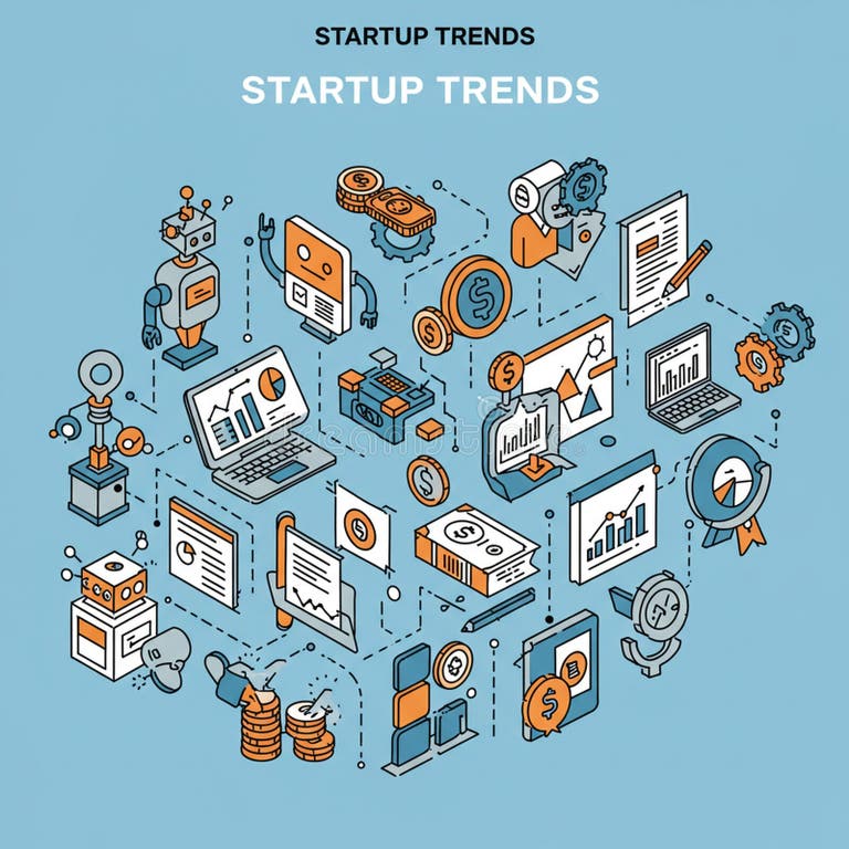 Illustration Featuring a Variety of Startup-related Icons on a Blue ...